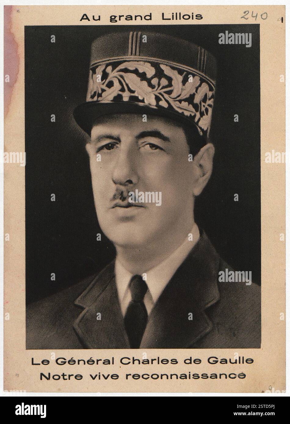 A retouched image of General de Gaulle in a military Képi, embroidered ...