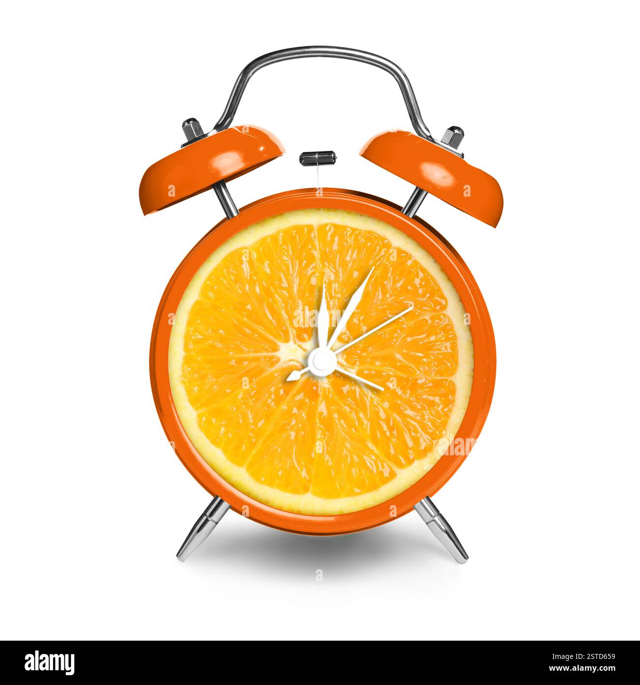 Alarm clock with sliced orange instead of dial on white background Stock Photo - Alamy
