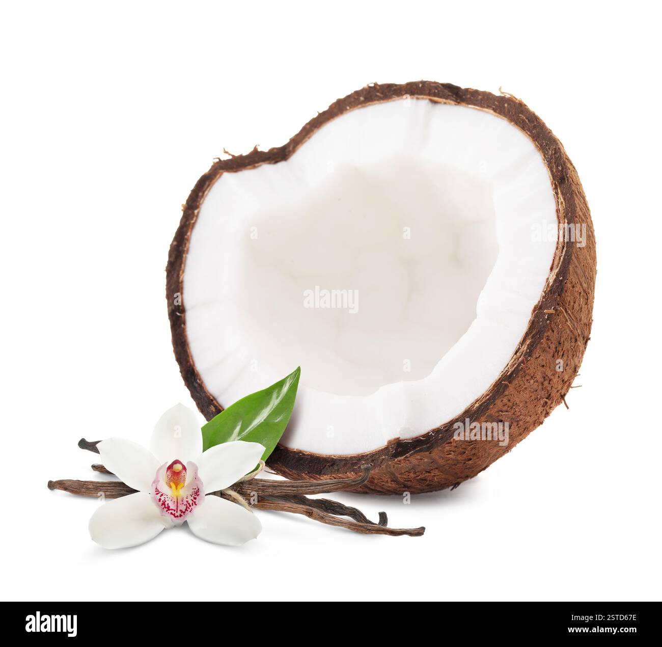 Coconut, vanilla pods and flower isolated on white Stock Photo - Alamy