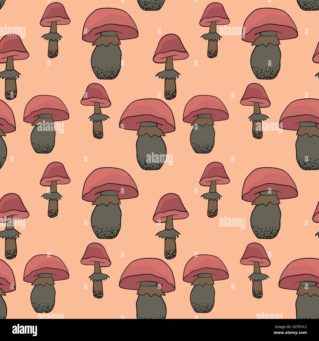 Seamless pattern with mushrooms. Hand drawn vector illustration. Vegan ...