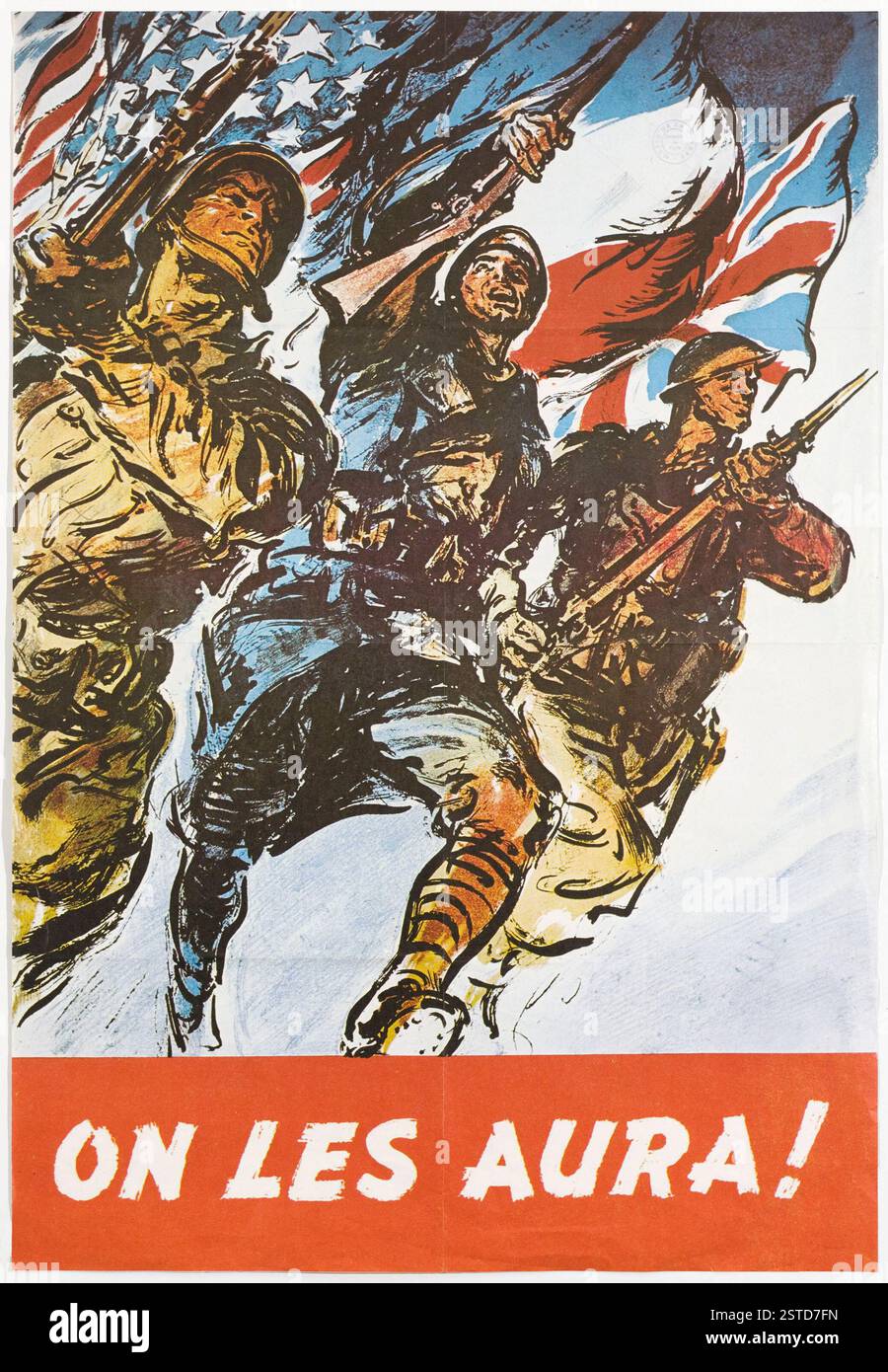 This image shows American, French, and British soldiers charging ...