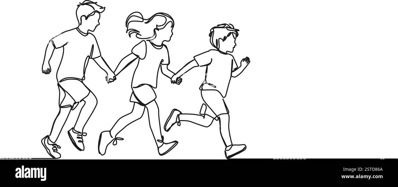 continuous single line drawing of three young kids running hand in hand ...