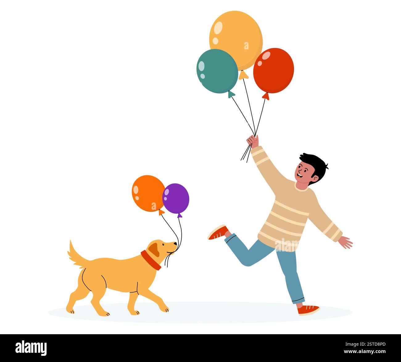 A joyful boy runs with balloons in hand while his playful dog holds ...
