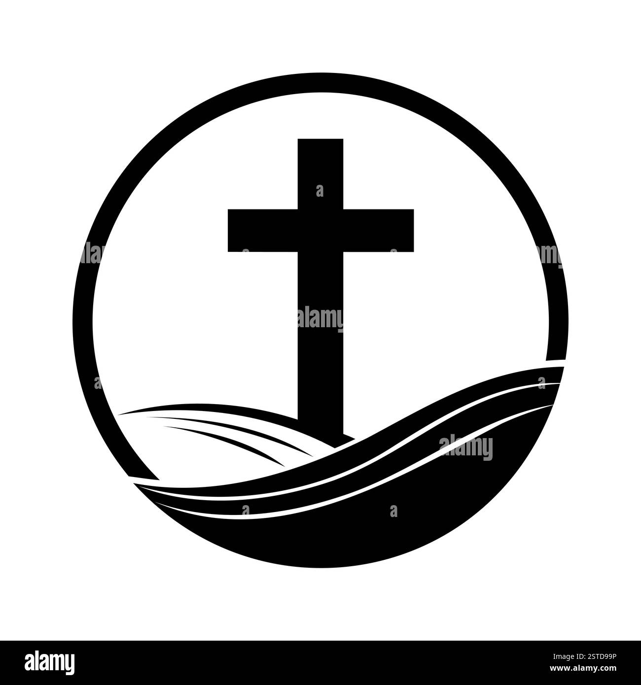 Christian cross icon. Christian cross inside circular frame with wave ...
