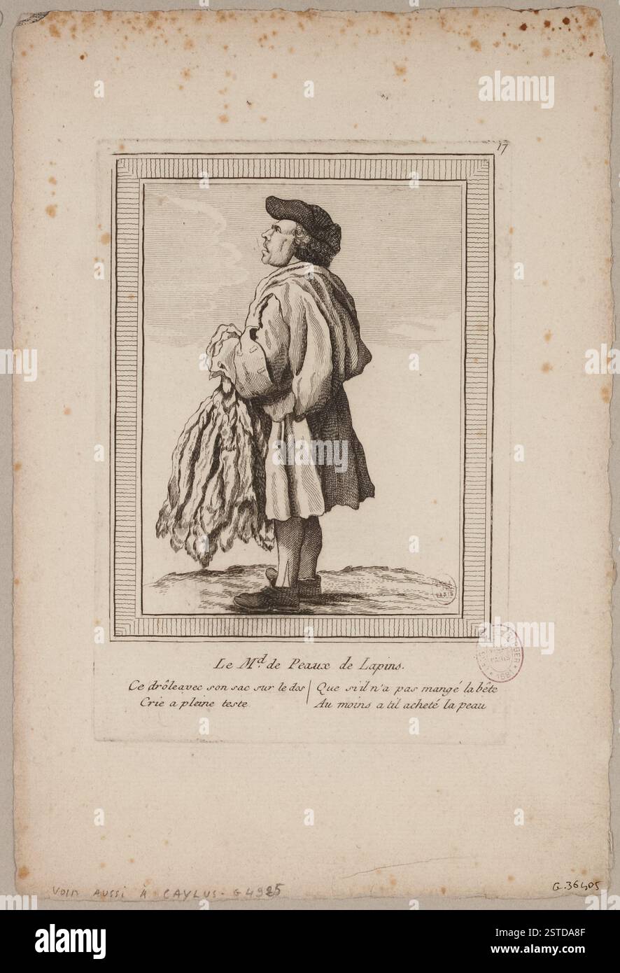 Folded representation of a merchant selling rabbit skins in a landscape ...