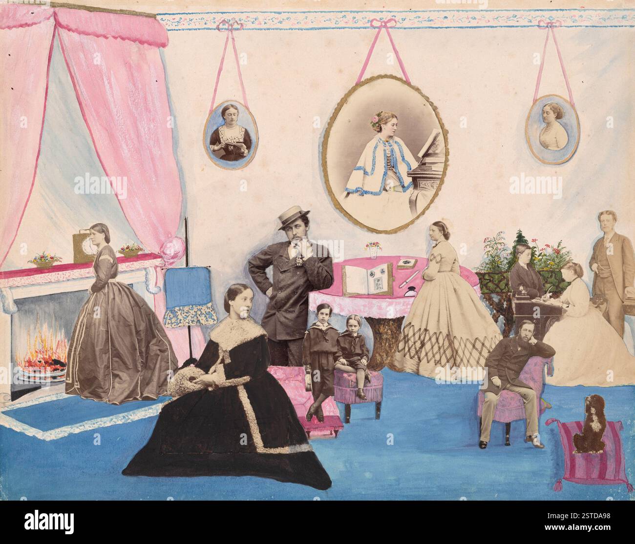 A Victorian-era collage photograph of Lady Filmer in her drawing room ...