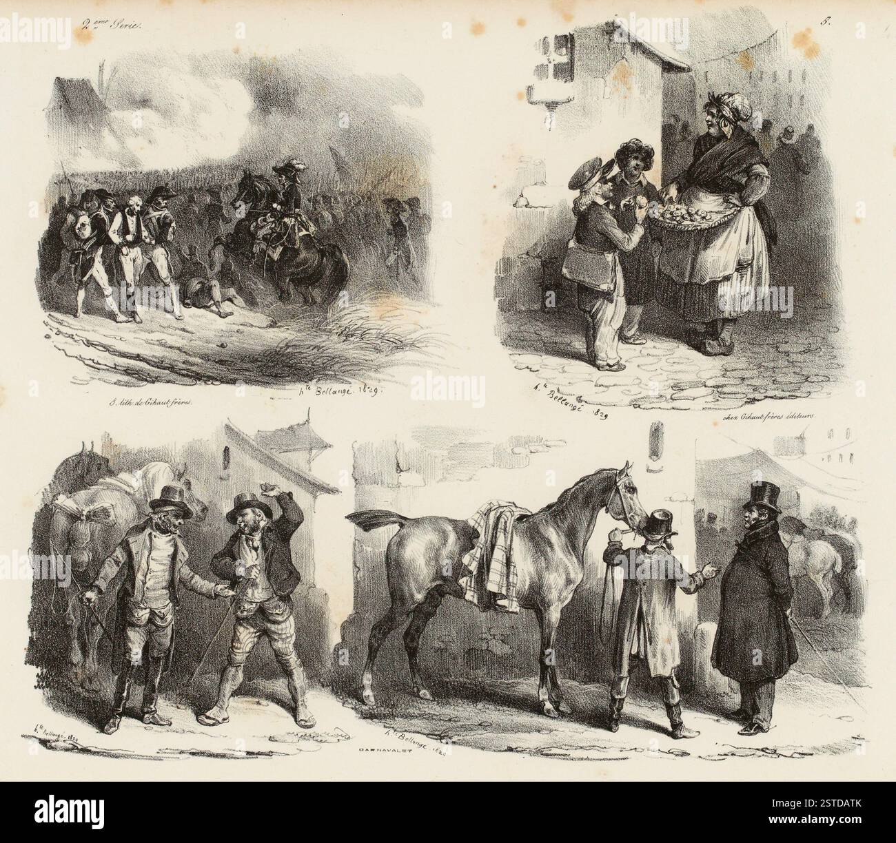 The plate depicts four vignettes, showcasing a genre scene with daily ...