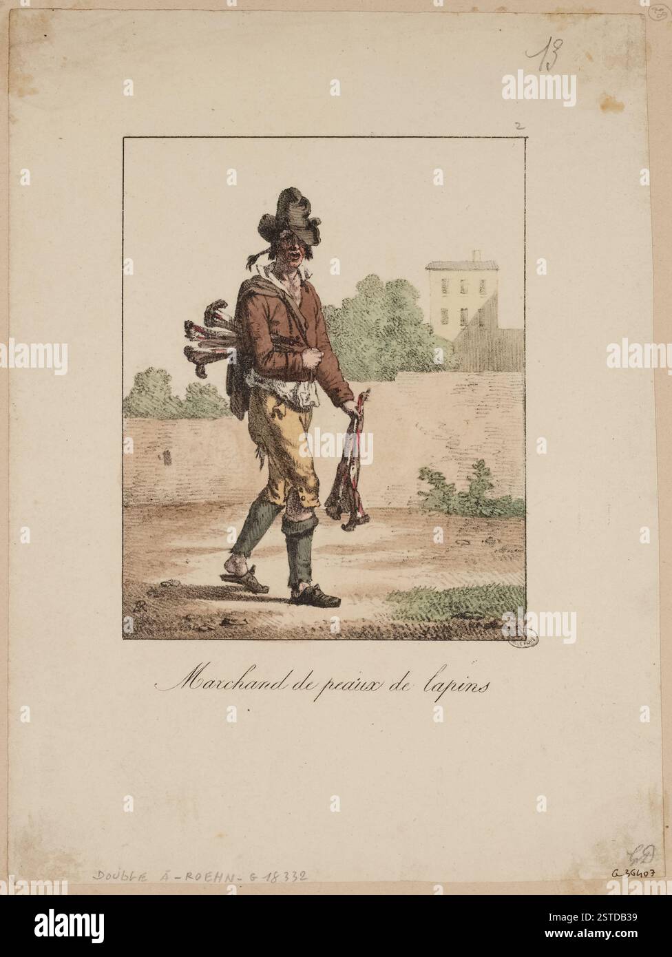 Representation of a rabbit skins merchant standing at the foot of a ...