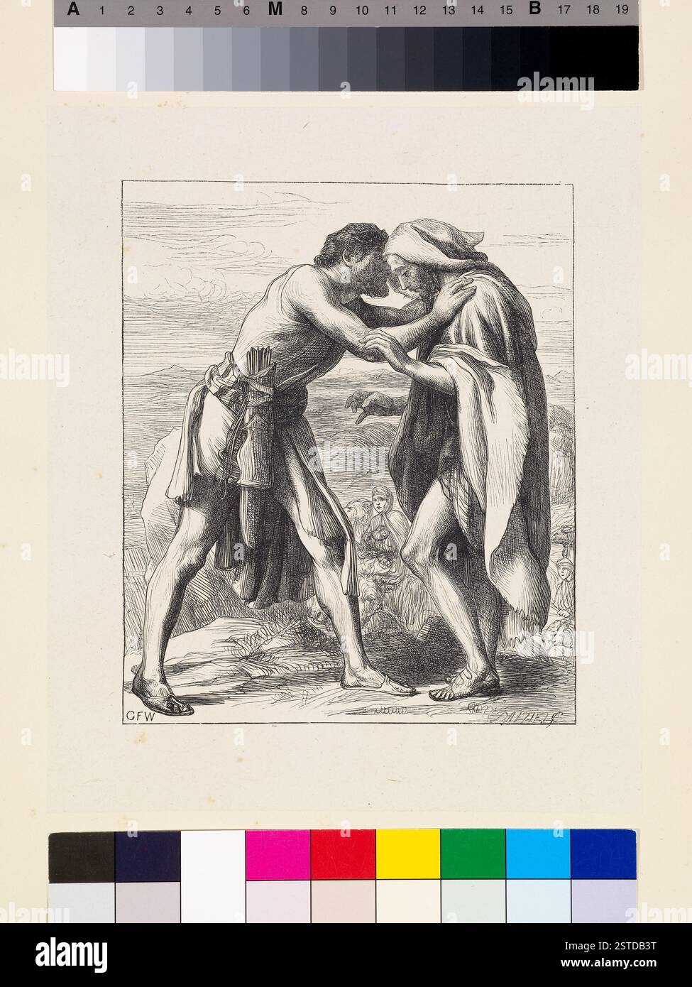 Wood engraving from 1881 depicting 'Esau meeting Jacob' from Dalziel's ...