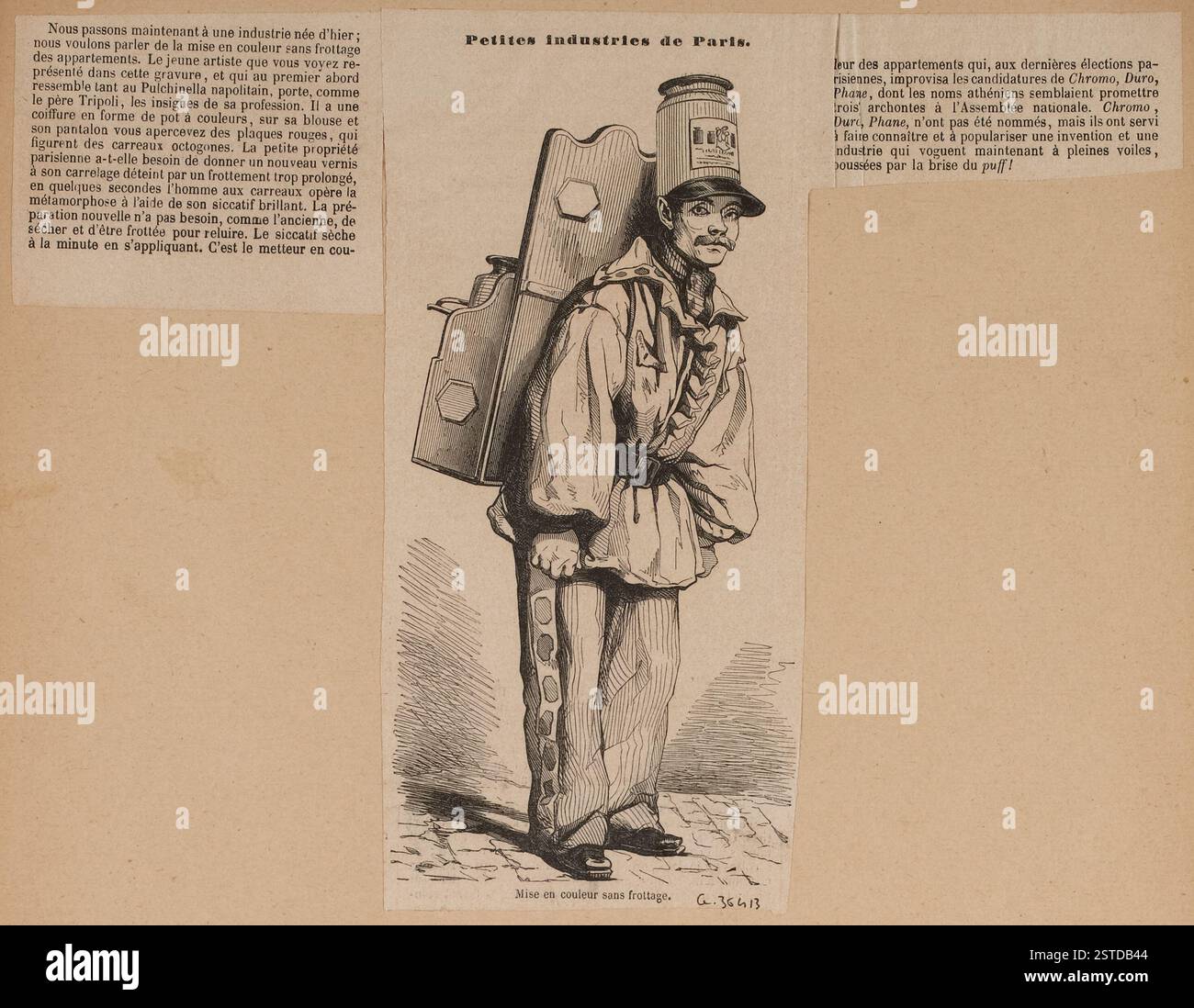 A merchant is depicted carrying equipment on their back, including a ...