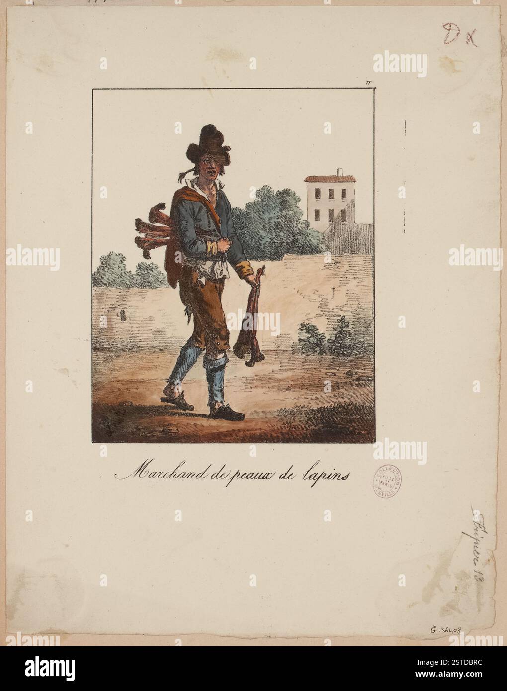 Representation of a rabbit skins merchant standing in a country ...