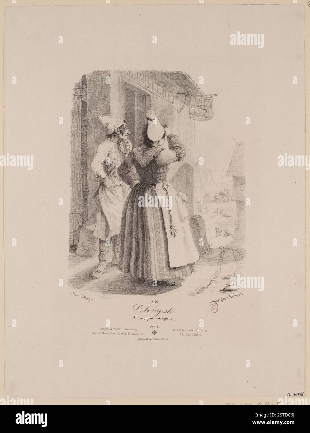 A scene depicting an innkeeper and his wife standing in front of their ...