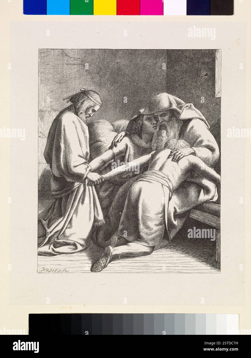 Wood engraving from 1881 illustrating 'Jacob blessing Ephraim and ...