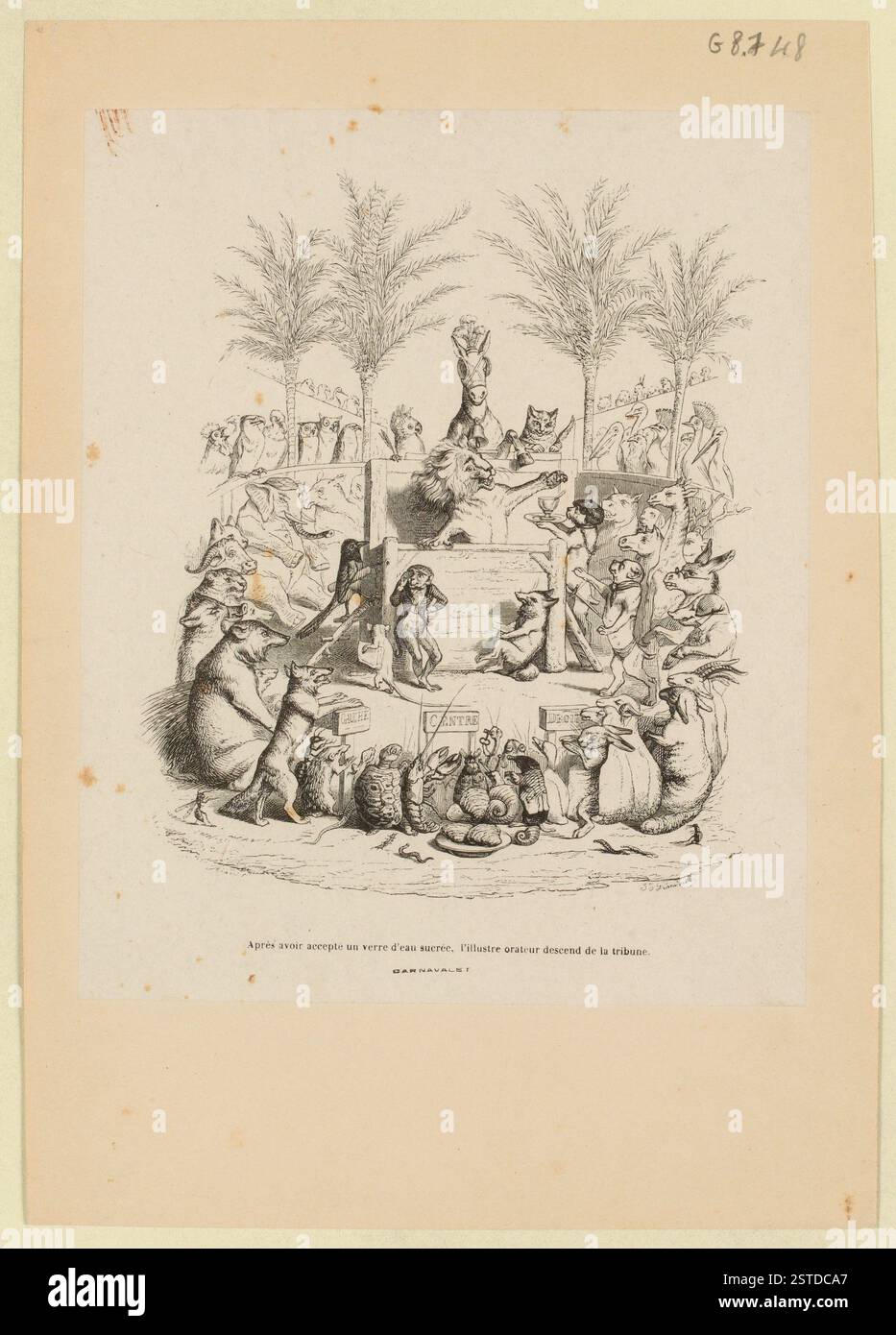 A caricature showing a lion as a speaker standing in a gallery, with a ...
