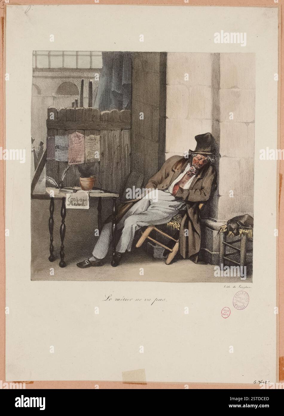 A public writer is shown sleeping at his desk, with a work table, straw ...