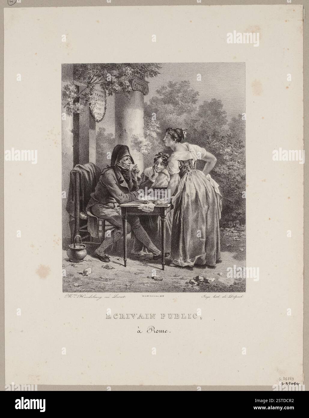 A public writer sits at a table while two young women approach him ...