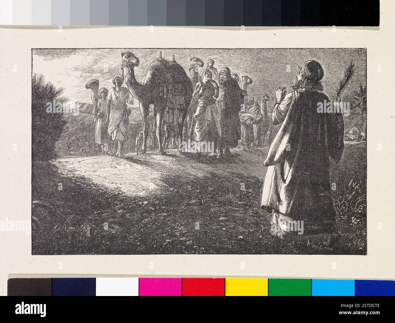 Wood engraving from 1881 illustrating 'Isaac meeting Rebekah' from ...