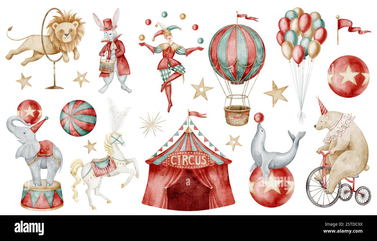 Watercolor Circus set with animals, a tent, performers and hot air ...