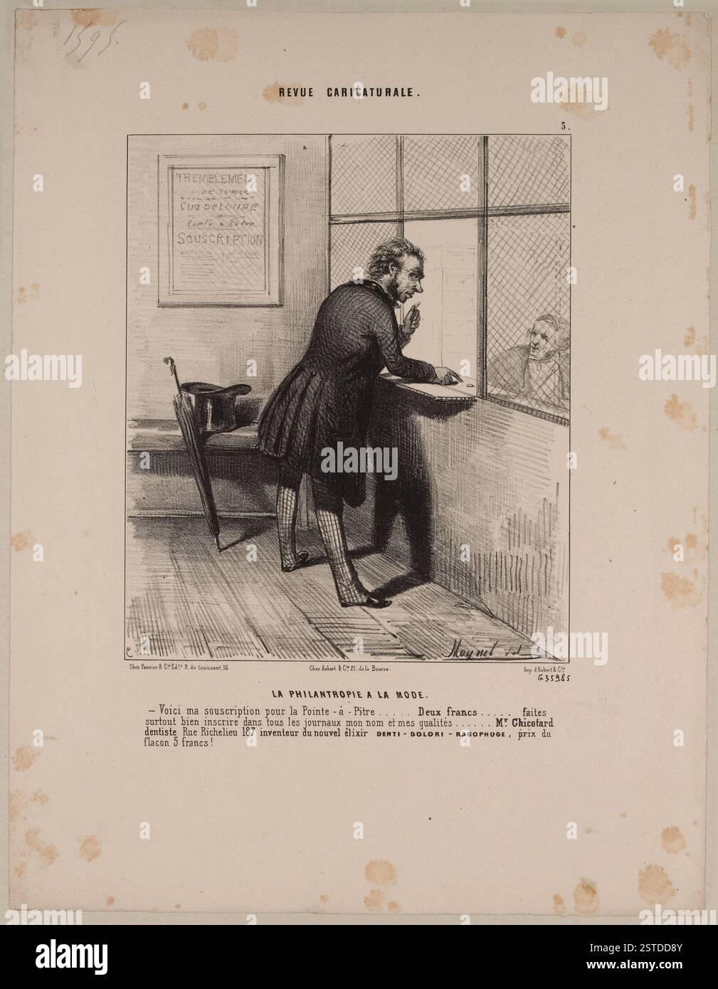 A caricature depicting a dentist, who is also an inventor of an elixir ...