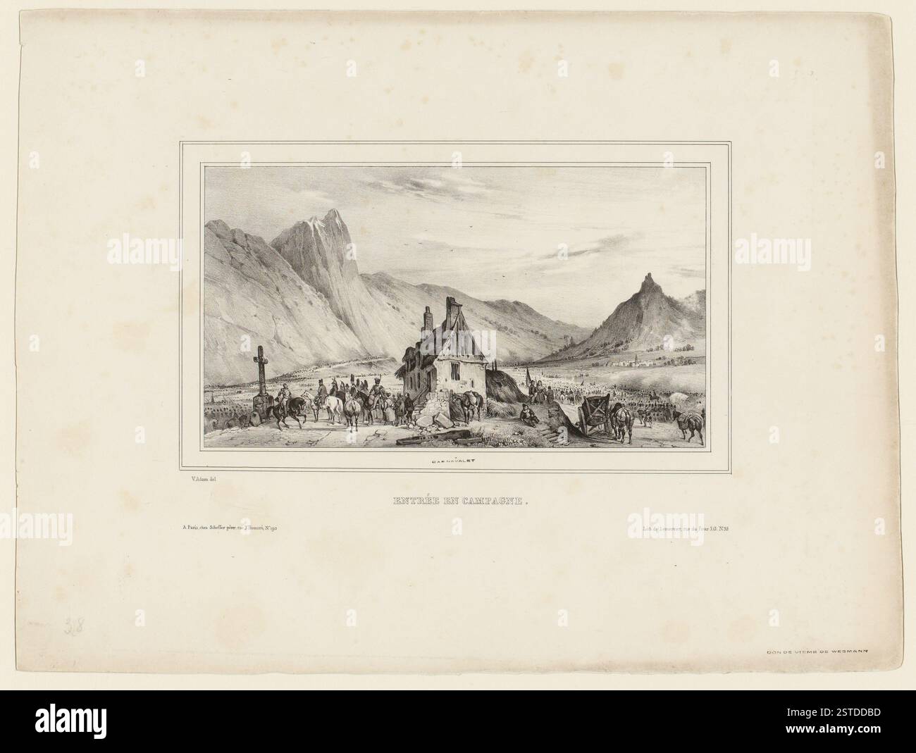 In a mountainous landscape, an isolated farm near a cross; in the ...