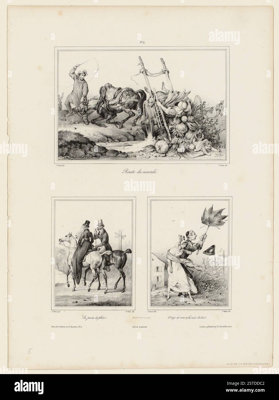 Market scene showing a family with a cart full of vegetables, a horse ...