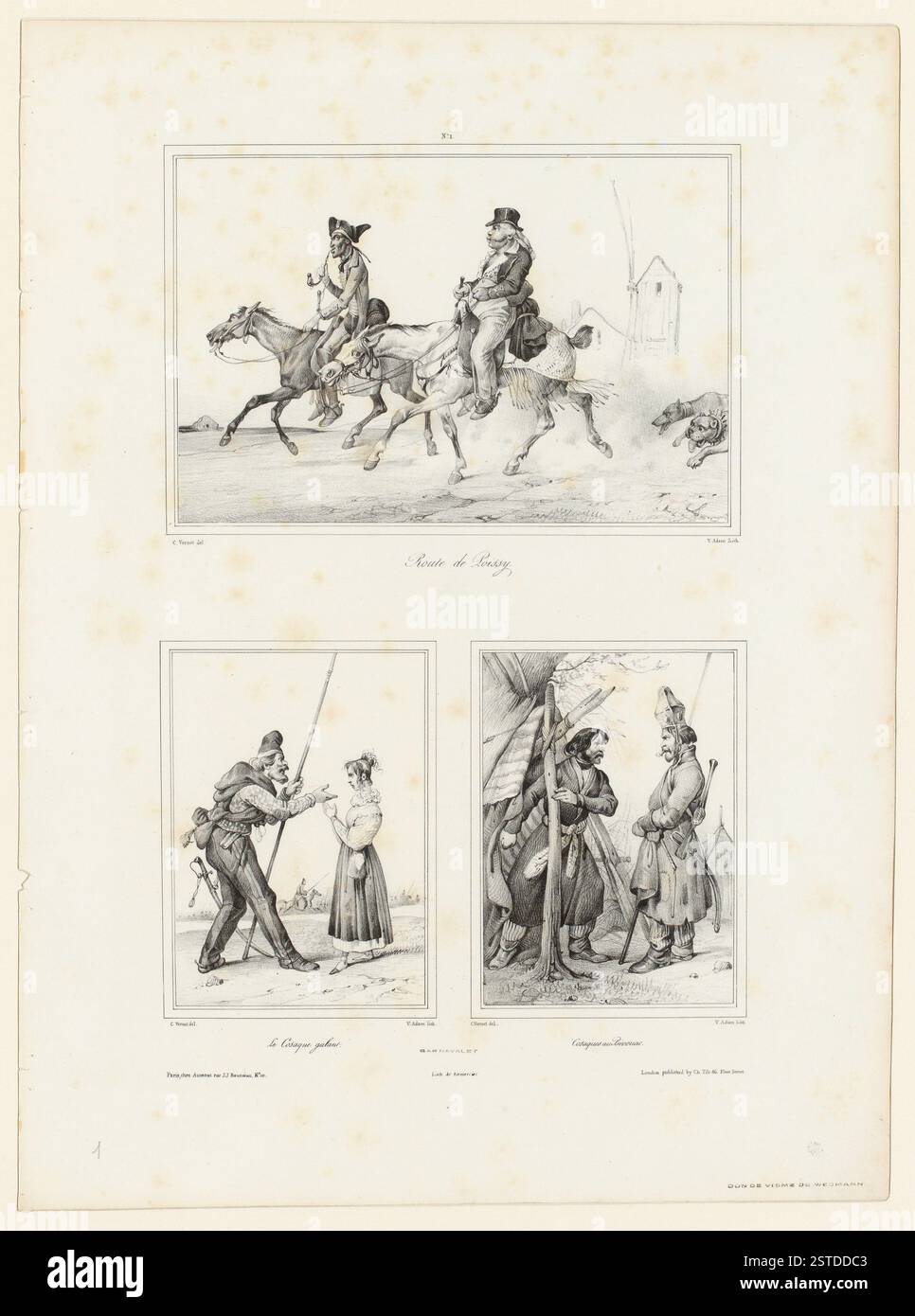 Route de Poissy caricature featuring two men on horseback, dogs, and a ...