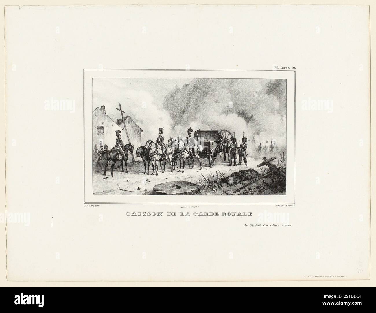 A dramatic battle scene with soldiers, a cross, and a house. A dead ...