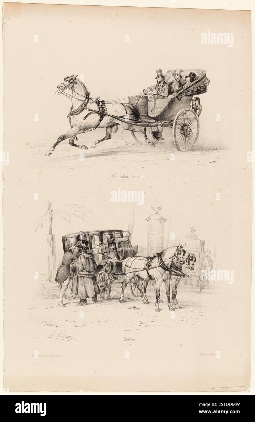 A vintage convertible carriage with three men seated inside, drawn by ...
