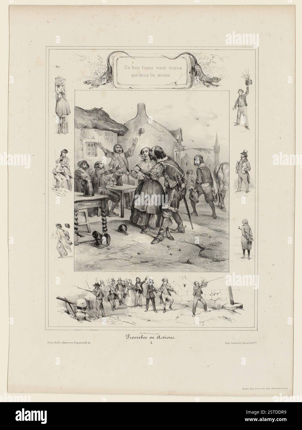 A main scene surrounded by XVIIth century scene vignettes, a soldier ...