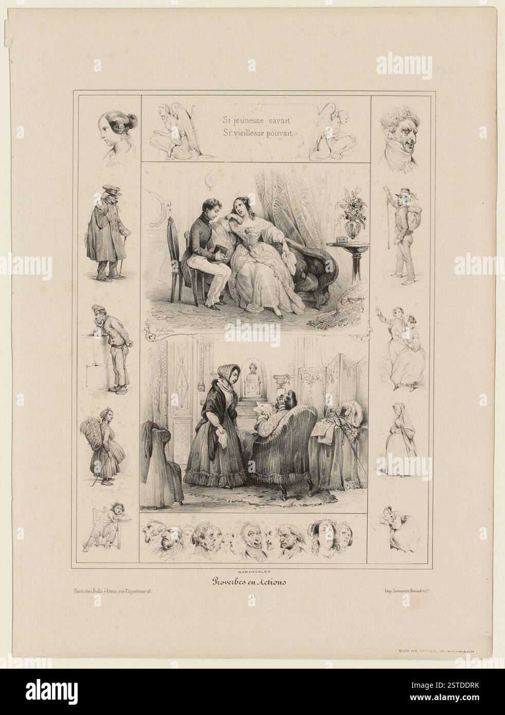 Main scene surrounded by vignettes: young couple, young woman married ...