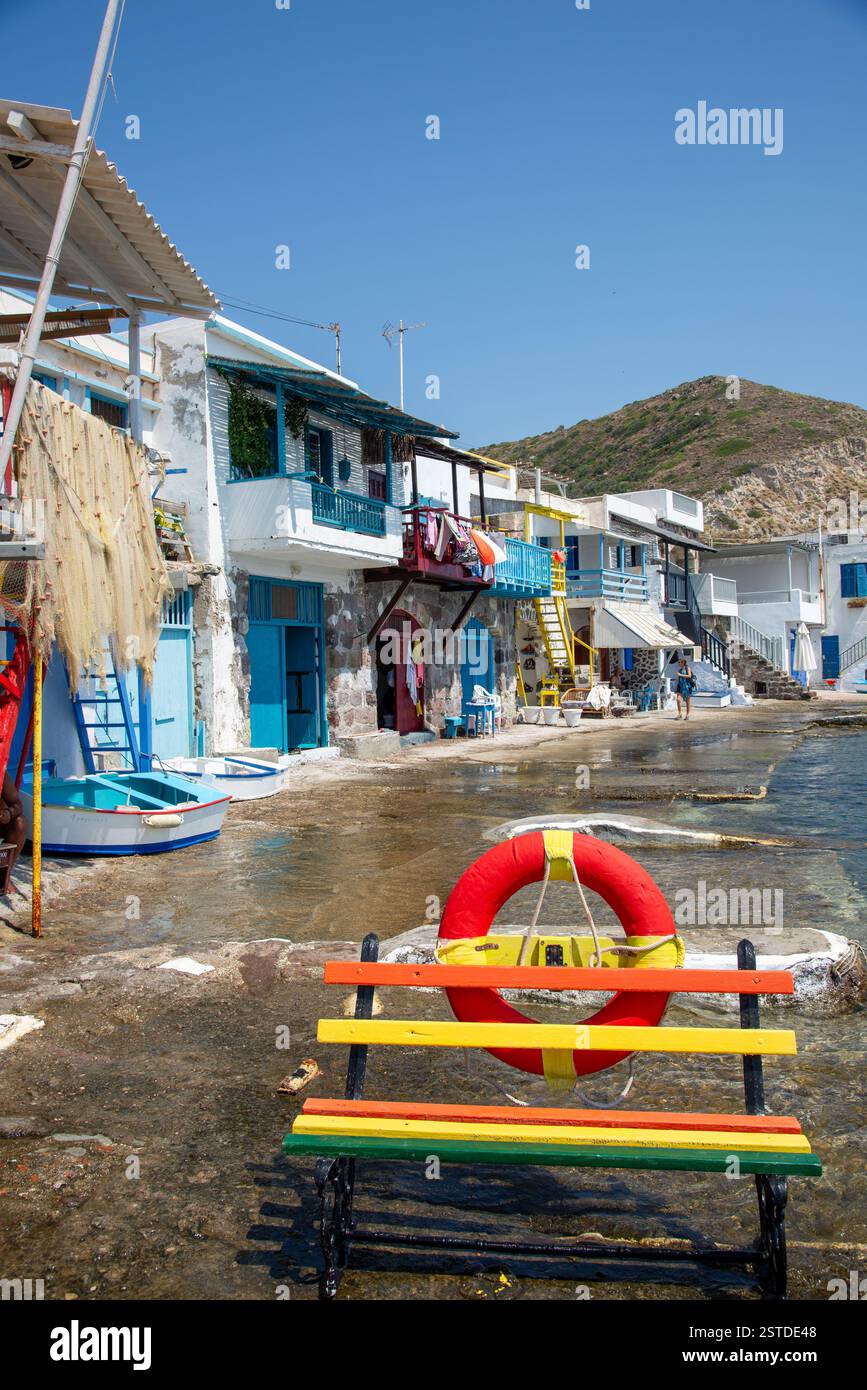 view at colorful houses at Mandrake, Milos island, Greece Stock Photo ...