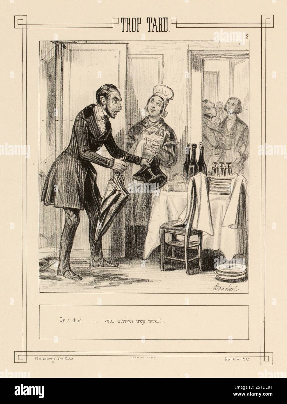 A man enters a dining room, his posture and expression showing defeat ...