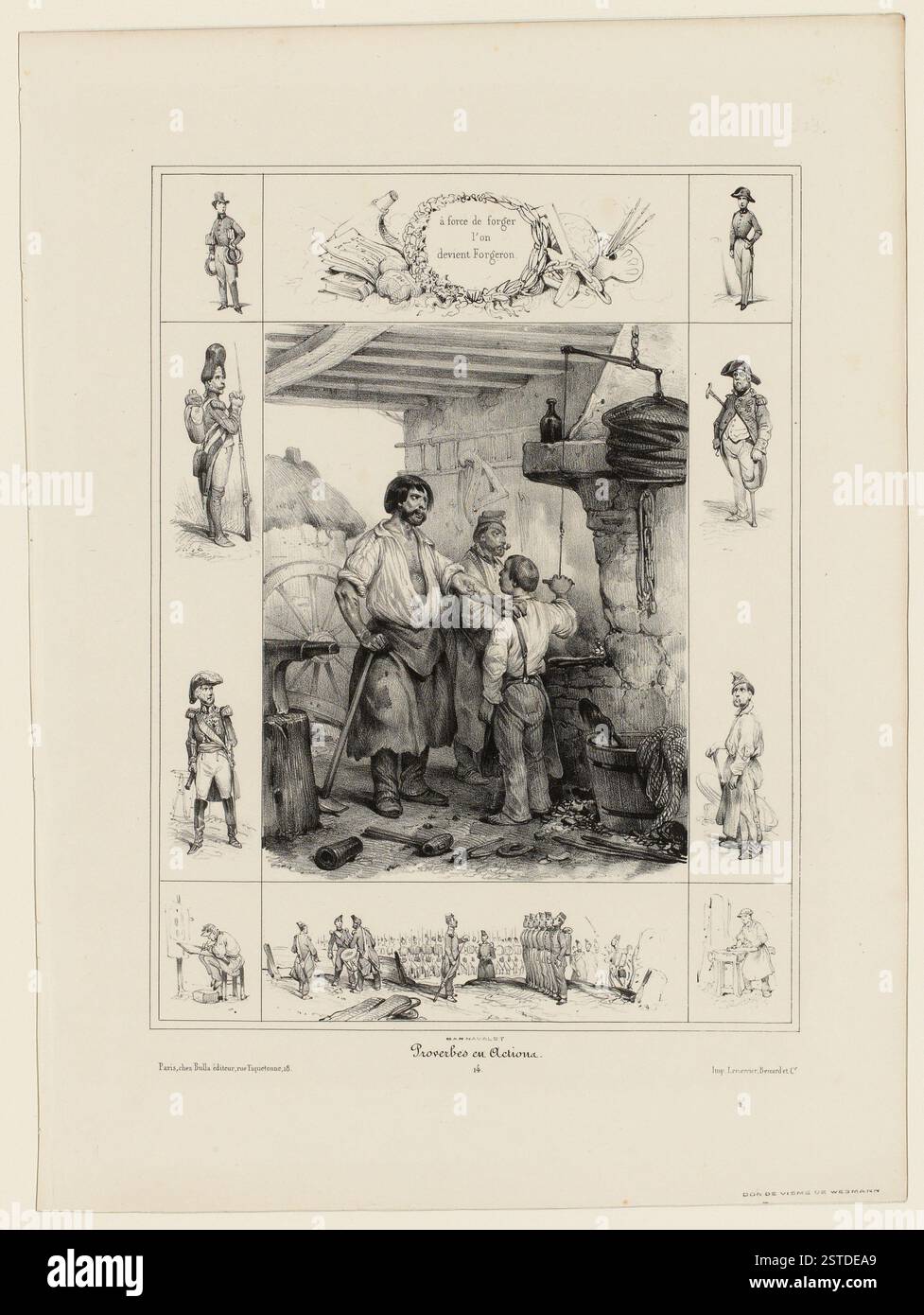 Main scene surrounded by vignettes in a forge Stock Photo - Alamy