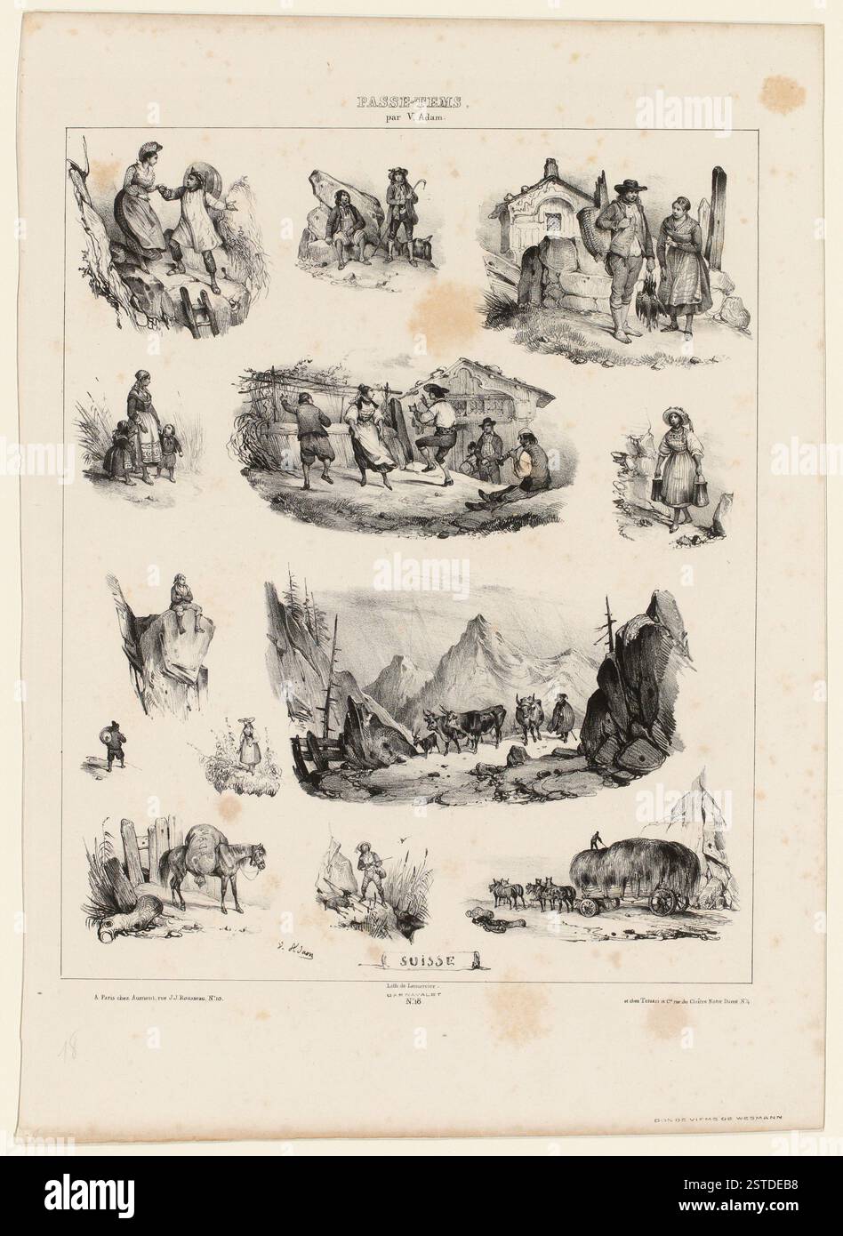 Swiss scenes in thirteen vignettes showcasing popular dances, villagers ...