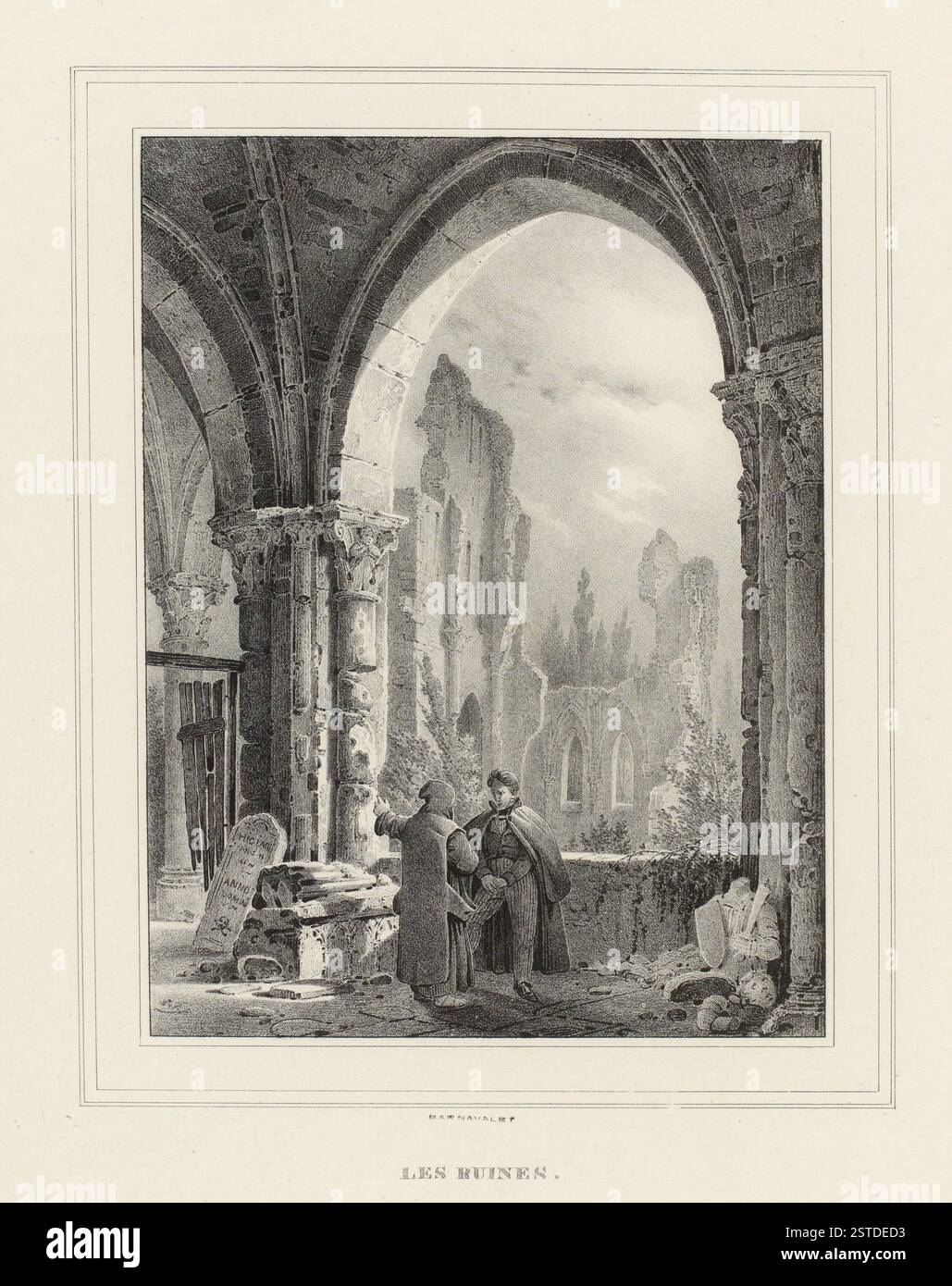 A monk and a man in a cape discuss ruined tombstones under a cloister's ...