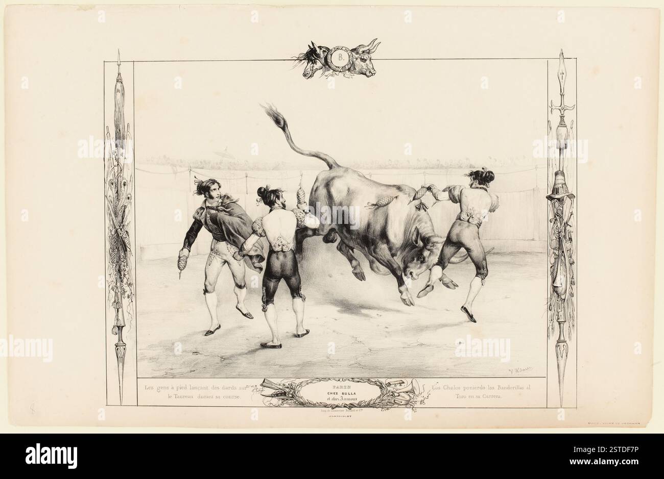 In the bullfighting arena, a bull faces three men on foot. The scene is ...
