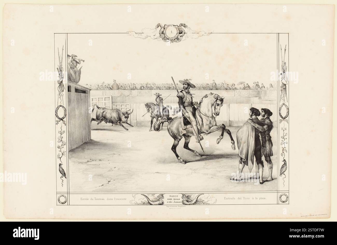 The scene depicts the entrance of the bull into the arena, with two ...