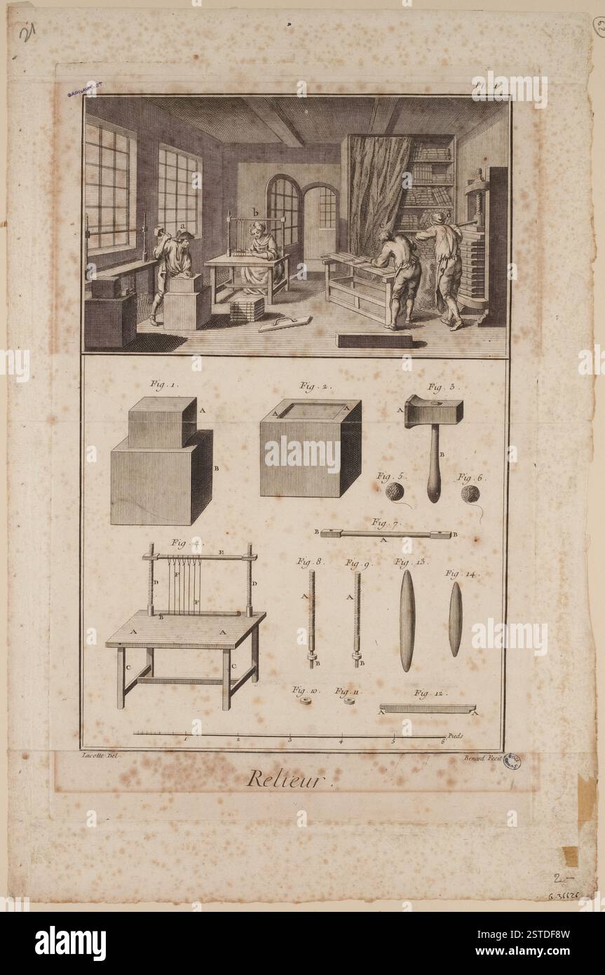 A binder works in their workshop, using a hammer and press to bind ...