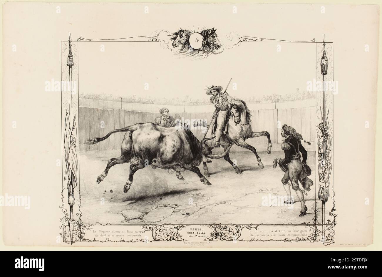 In the arena, a bull attacks the Picador from the side, while two ...