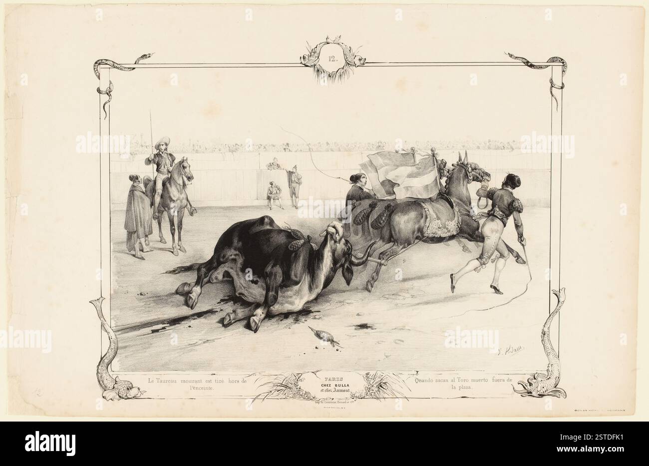 In the arena, a dying bull is carried off by a team, with a picador ...