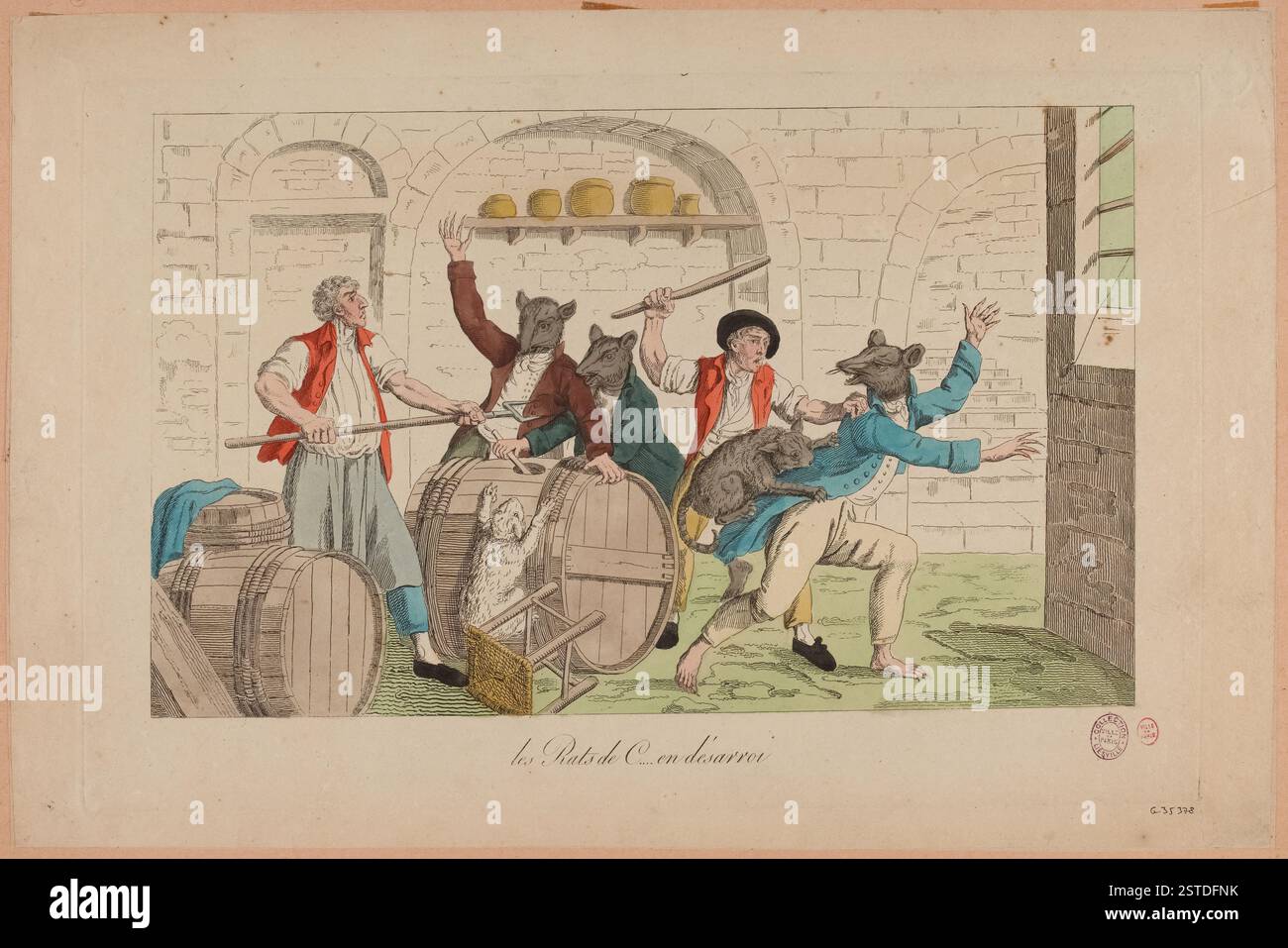 A humorous caricature shows two men and two cats chasing rats on a ...