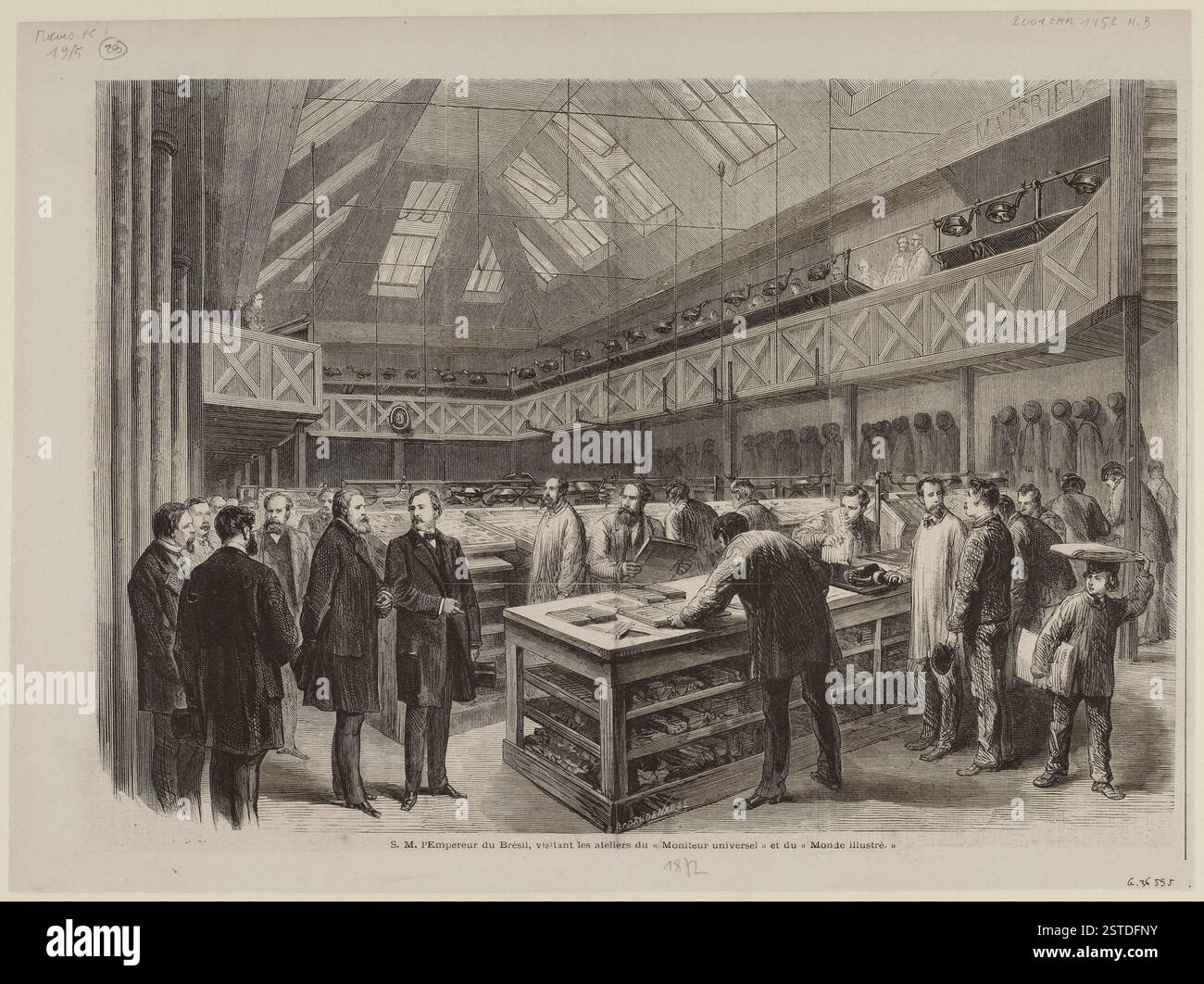 A print workshop scene showing workers at their tasks, focusing on ...
