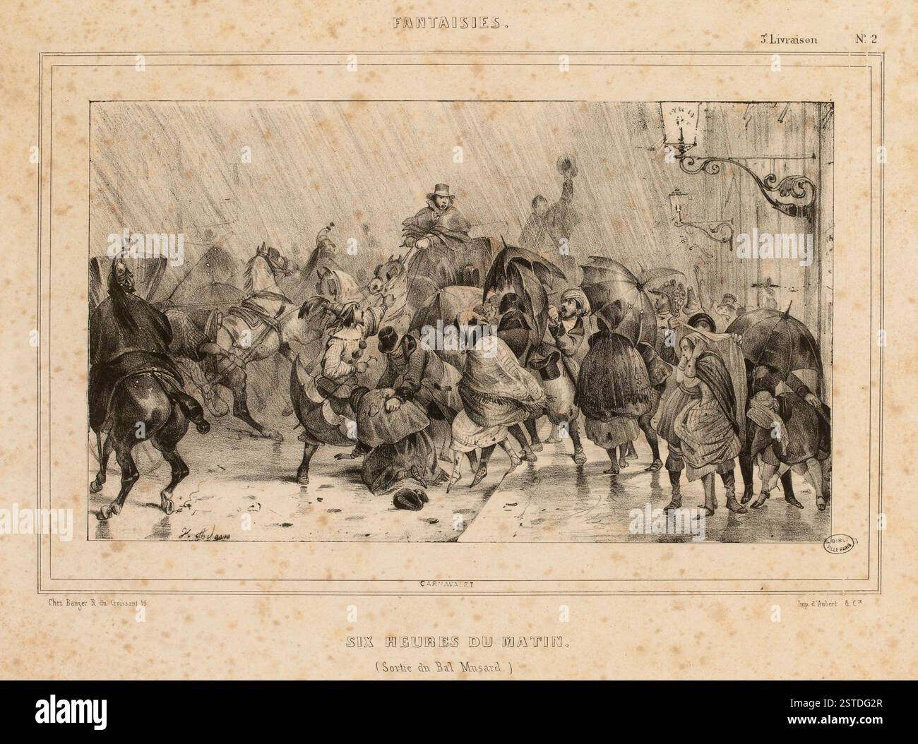 In a rainy scene at the exit of a costume ball, guests disguised under ...