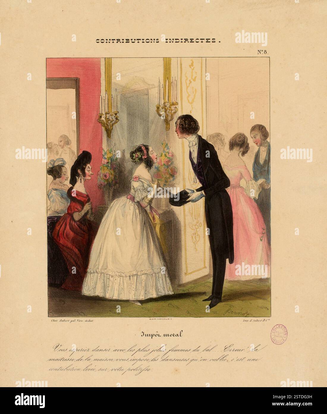 A lively interior scene from a ball, with women in formal attire and an ...