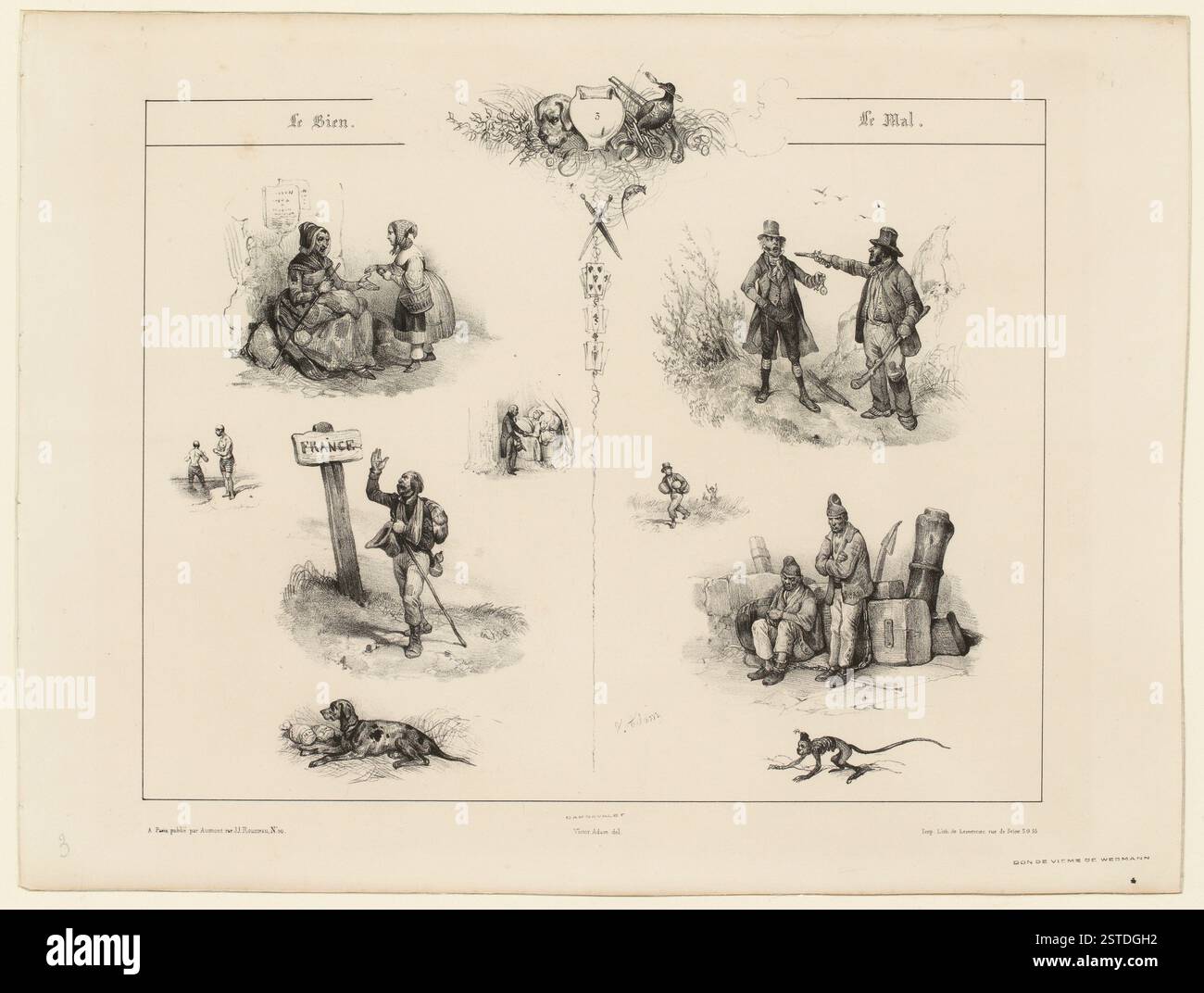 On the left, three vignettes illustrating the good, including a dog and ...