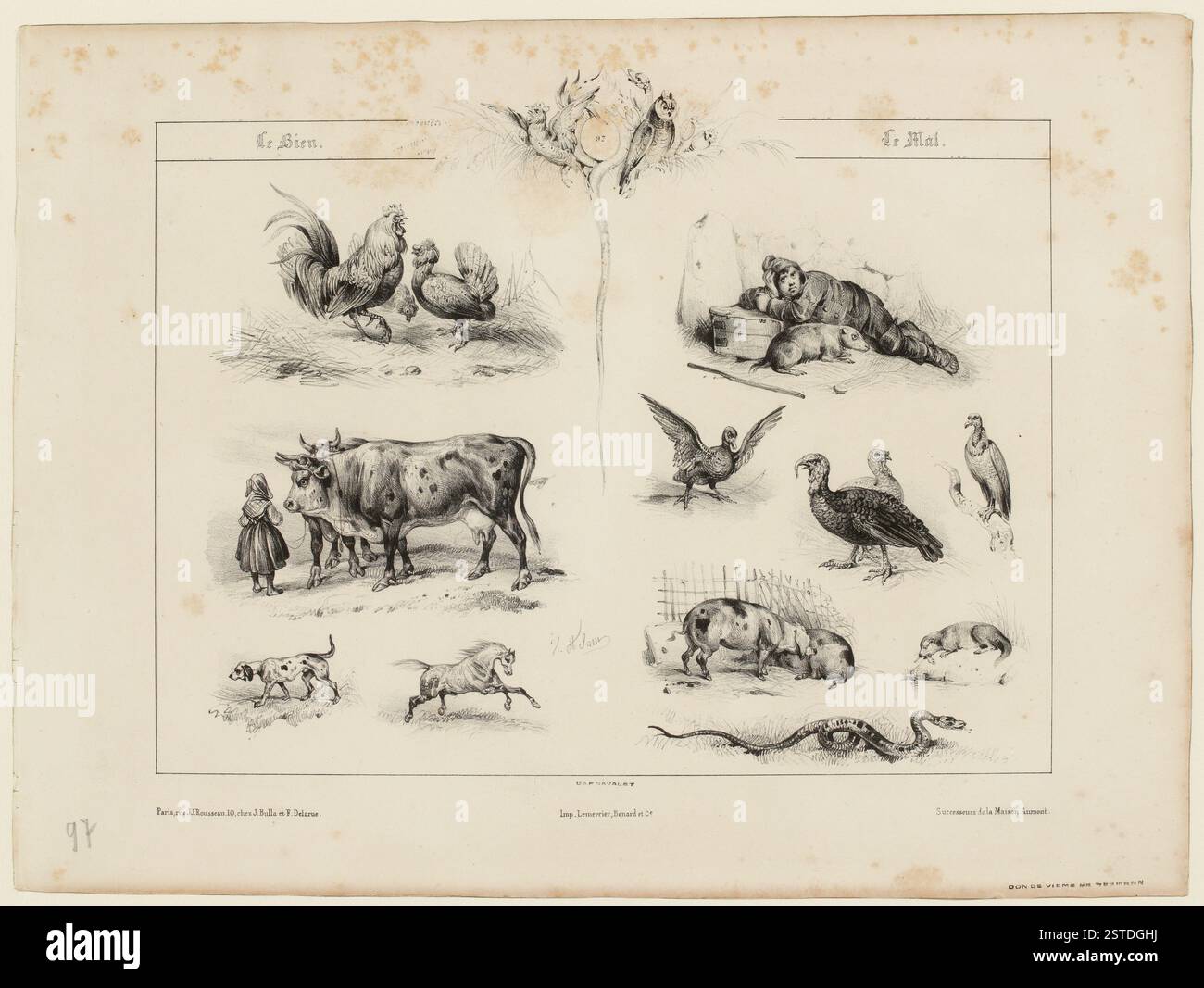 On the left, four good vignettes with a rooster, hen, farmer, cows, dog ...