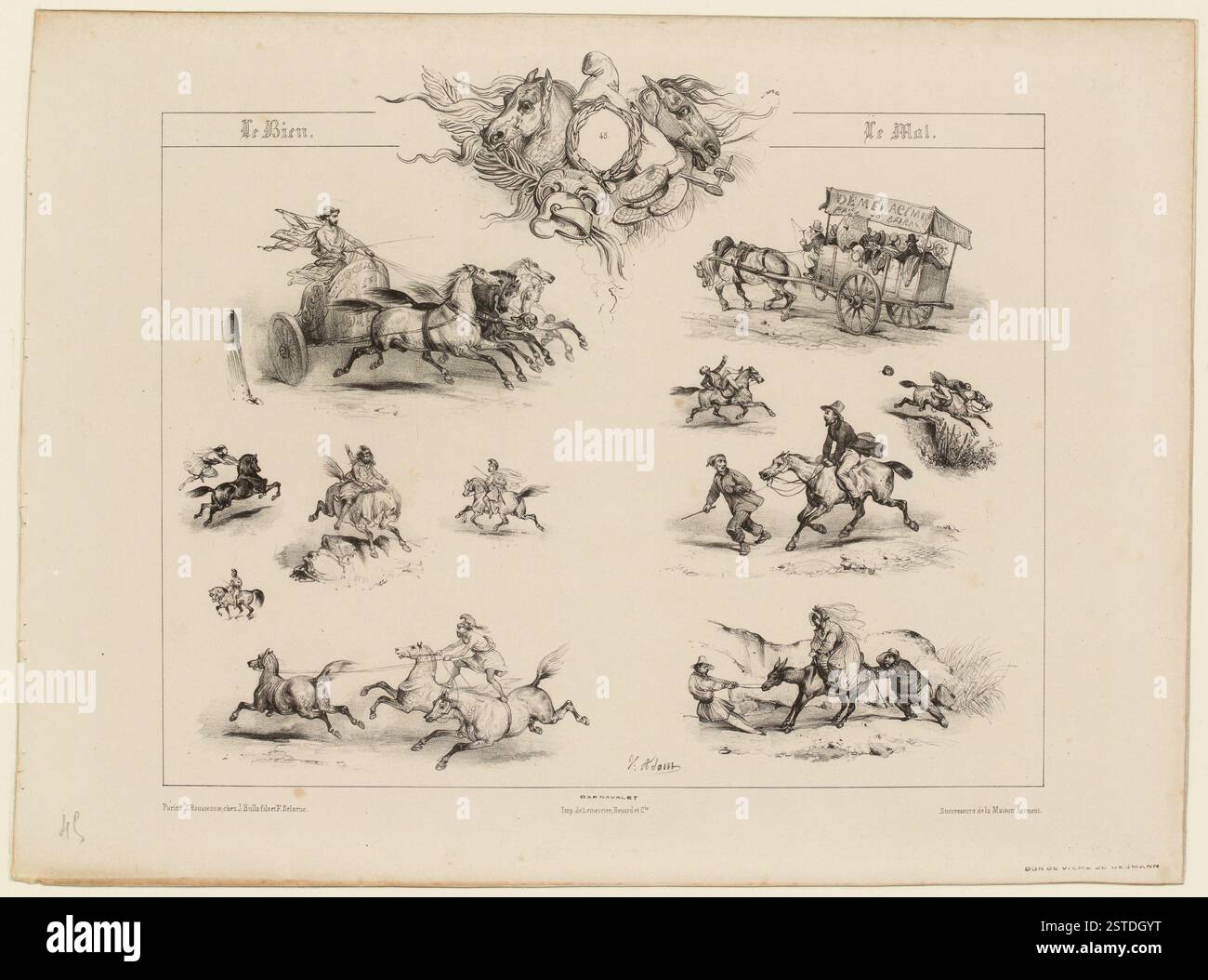 On the left, a man on a Roman chariot pulled by three horses ...