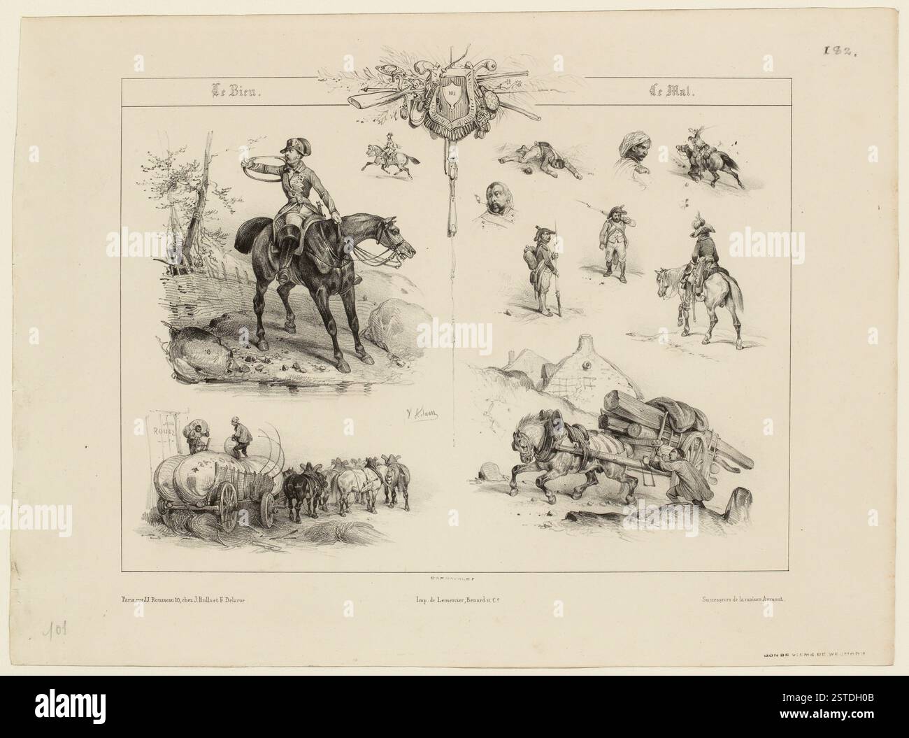 Scene with a rider near a river playing the hunting horn, surrounded by ...