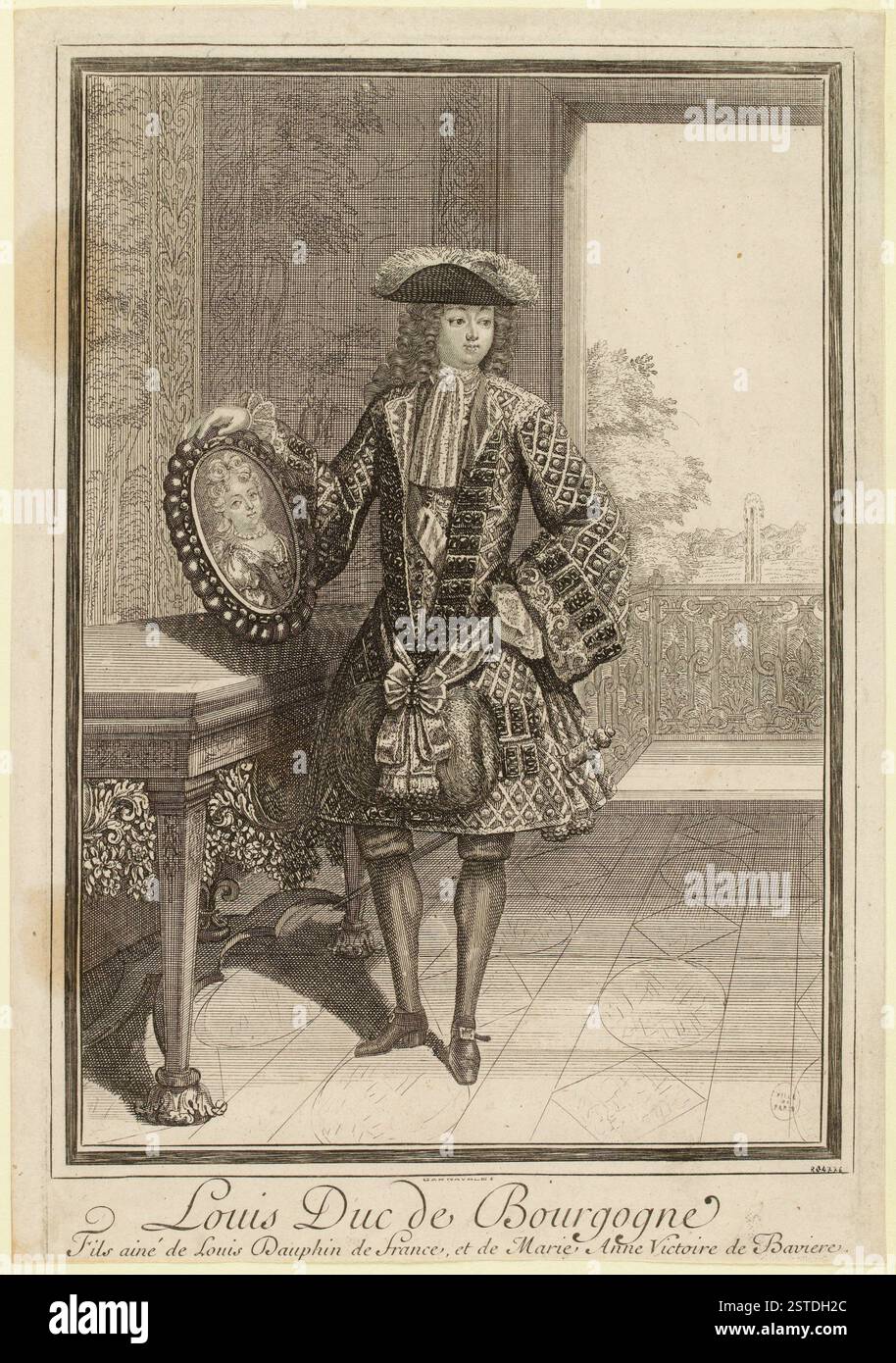 This portrait shows Duke Louis de Bourgogne in an indoor setting ...