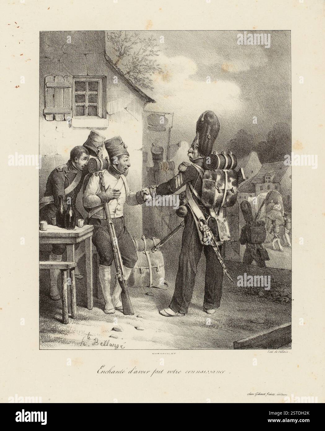 Plate nº 2 from 1825 lithographic album depicting a meeting of soldiers ...